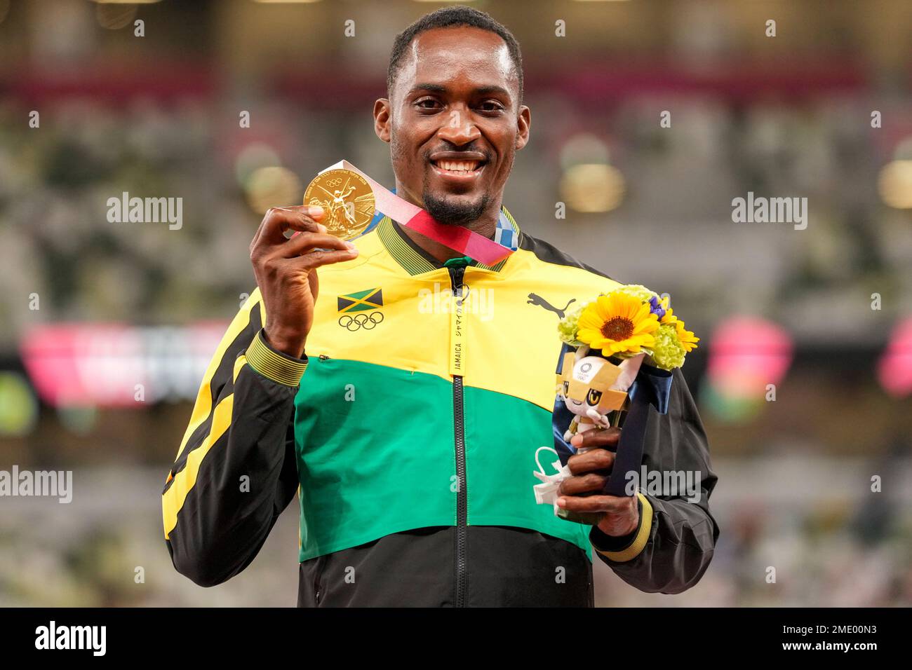 Gold medalist Hansle Parchment, of Jamaica, poses during the medal ...