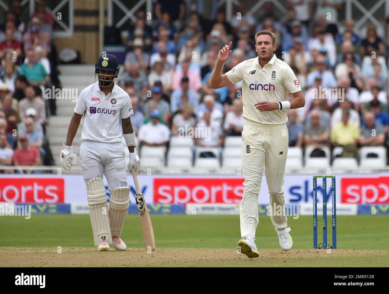 England's Stuart Broad, right, reacts after bowling a delivery during ...