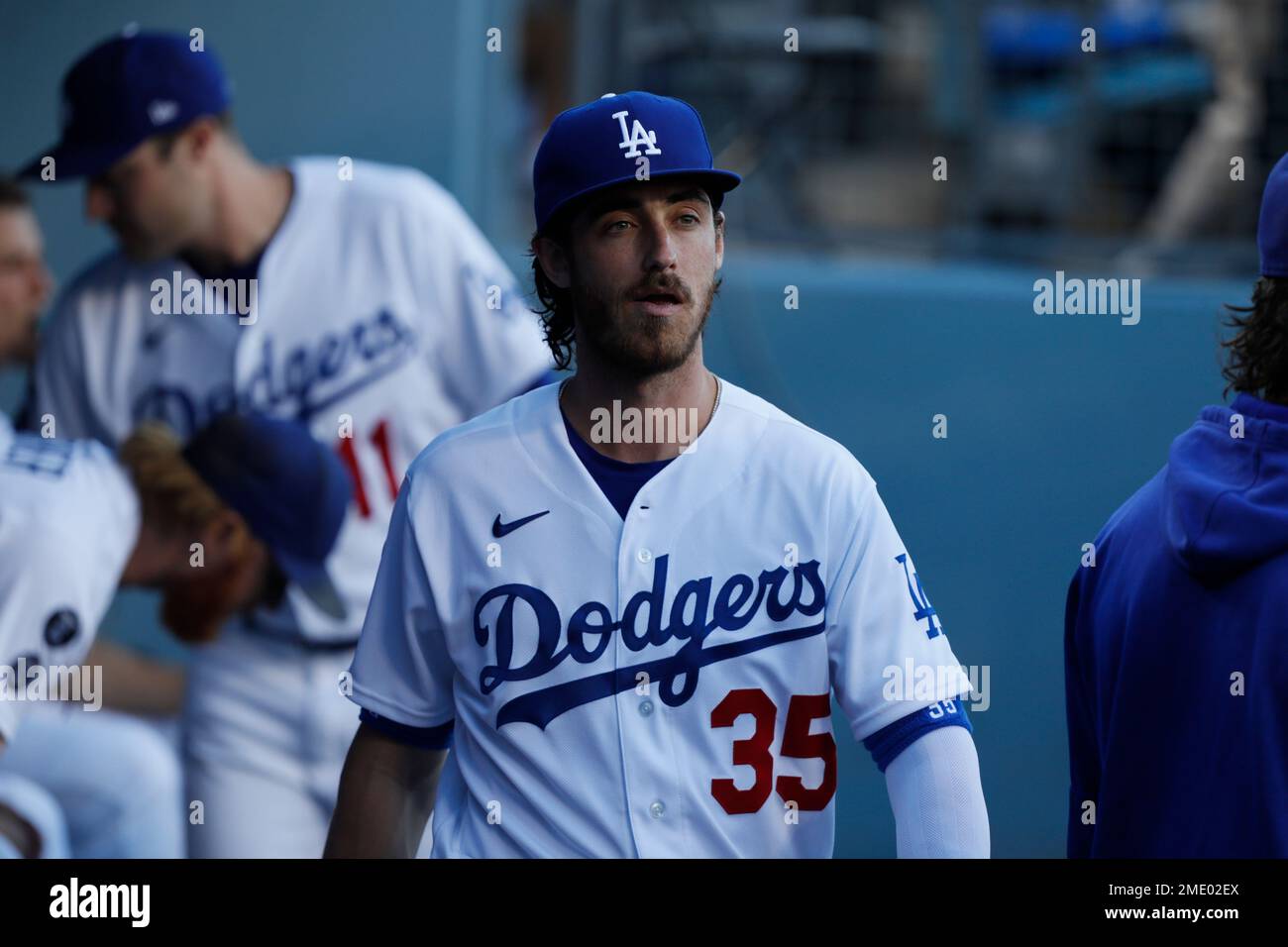 Los Angeles Dodgers' Cody Bellinger looks over from the dugout before a ...