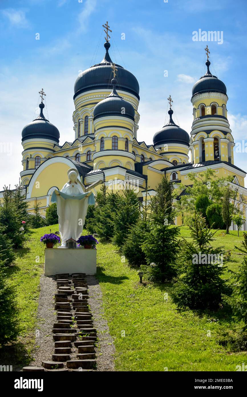 View of Orthodox Cathedral with domes in monastery against background ...