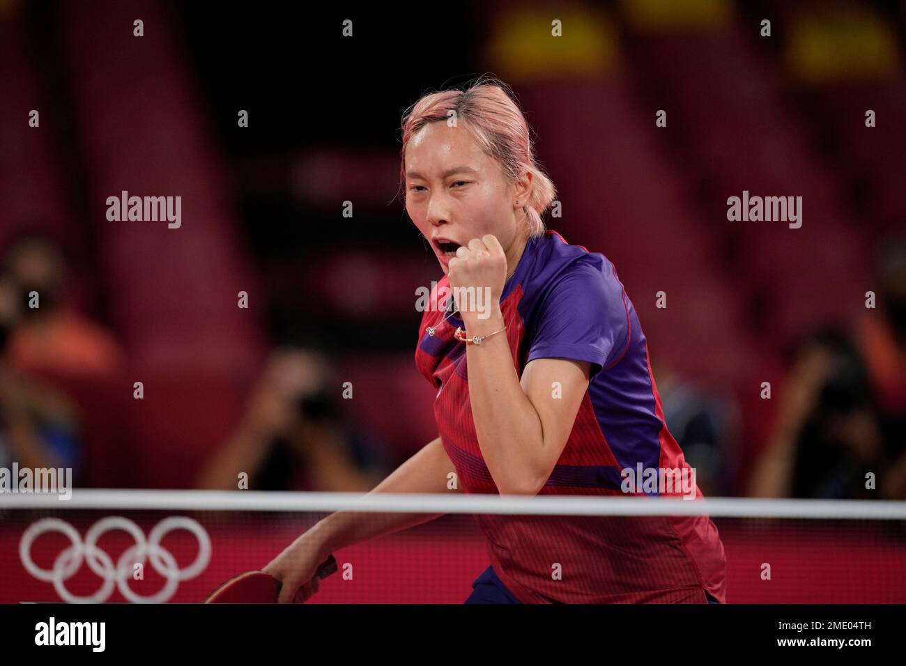 Hong Kong's Minnie Soo Wai-yam reacts during the table tennis women's ...