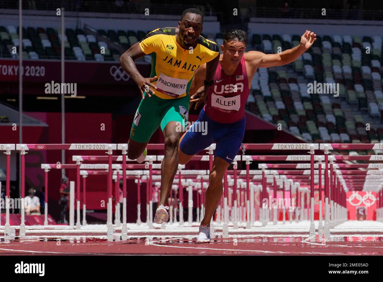 Hansle Parchment, of Jamaica, wins the men's 110-meter hurdles final ...