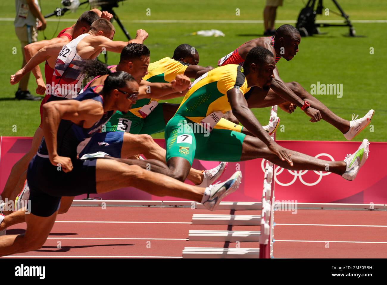 Hansle Parchment, of Jamaica, wins the men's 110-meter hurdles final ...