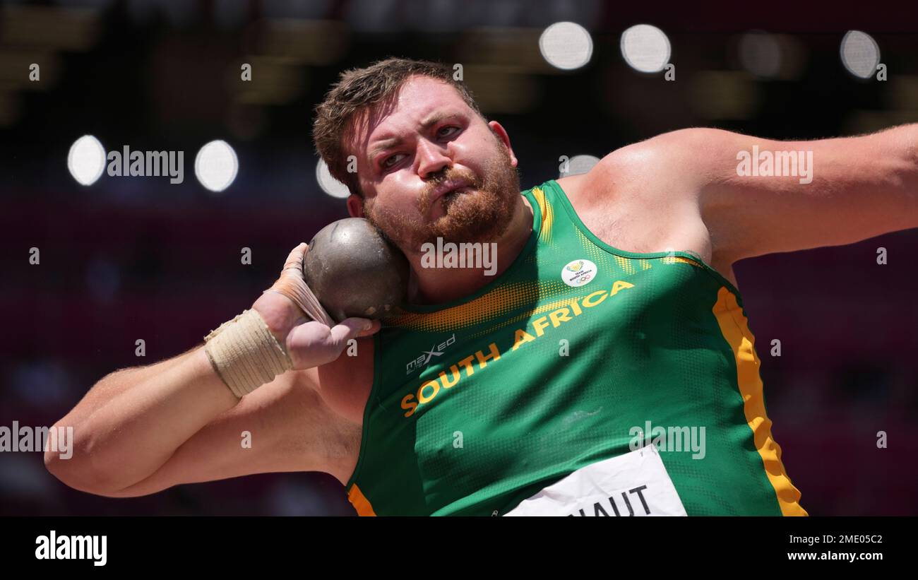 Kyle Blignaut, of South Africa, competes in the final of the men's shot ...