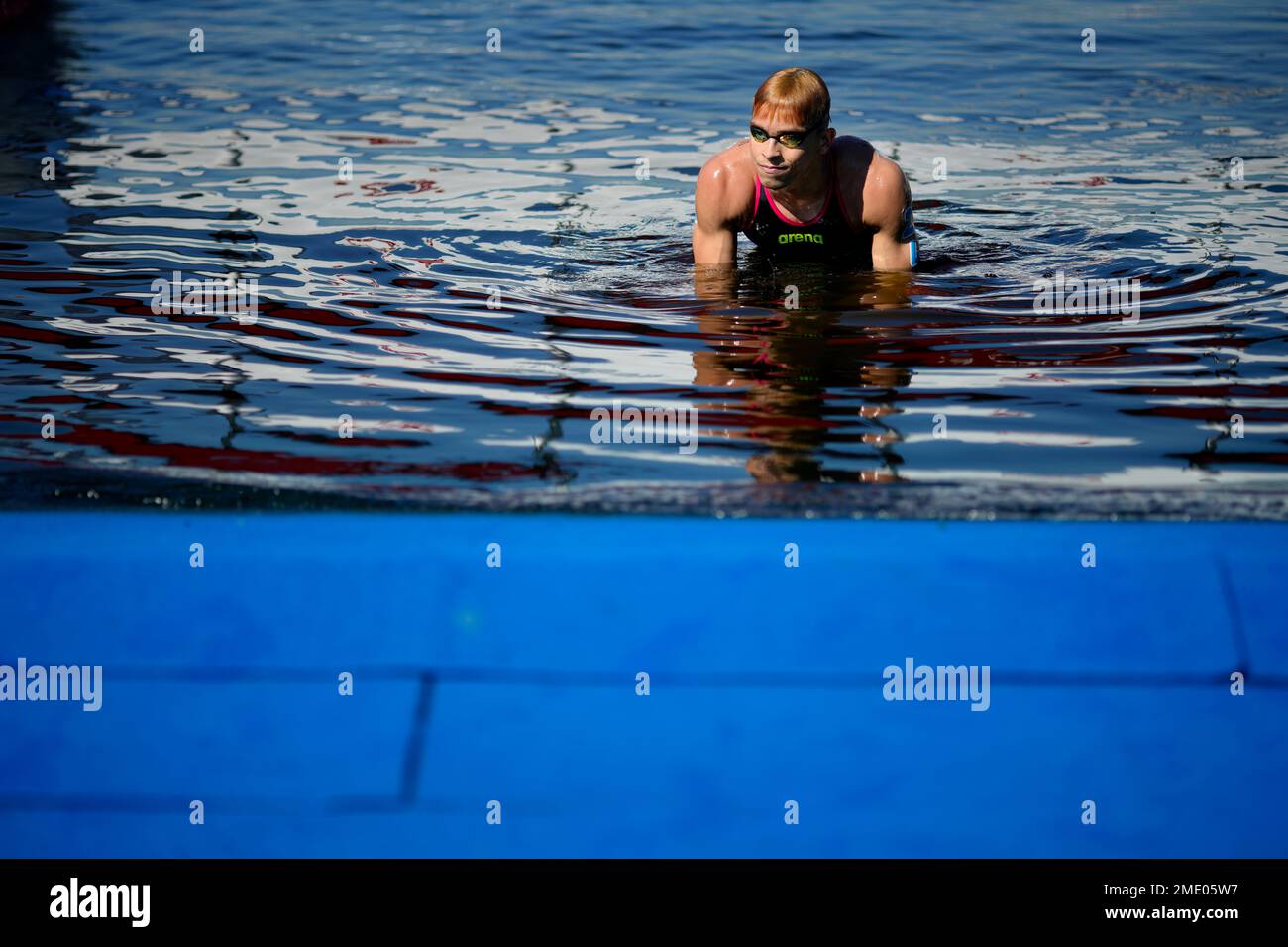 Tiago Campos, of Portugal, exits the water after finishing in the men's ...