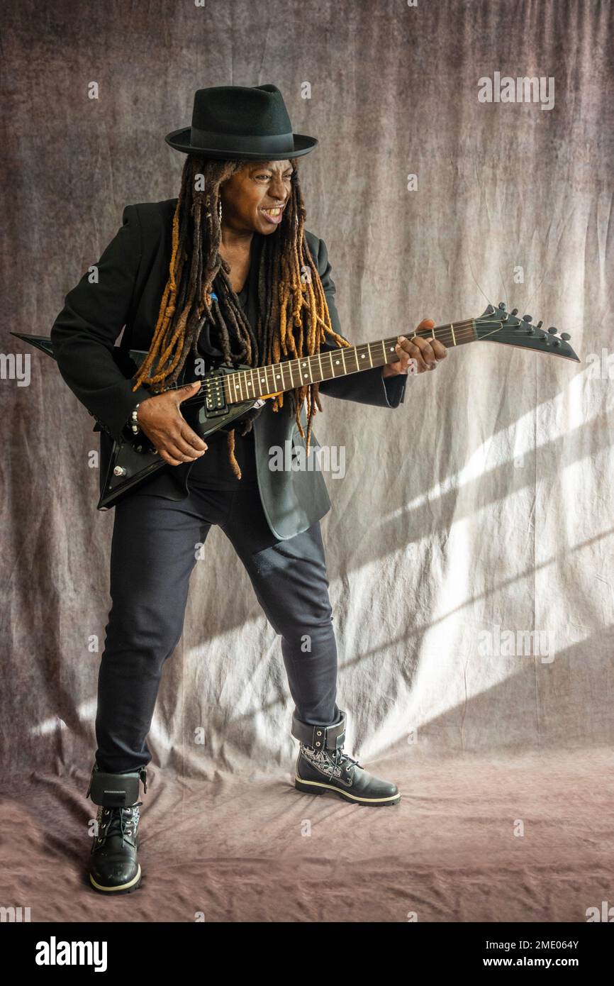 Senior African American Woman Blacking Modern Electric Guitar Stock ...