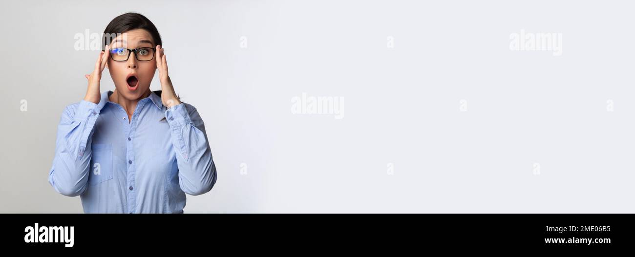 Business Promo. Wide Horizontal Banner With Shocked Young Businesswoman ...