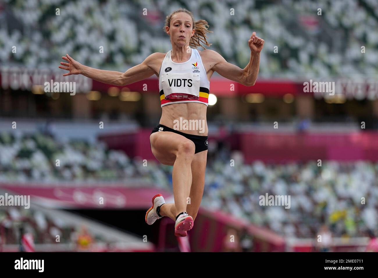 Noor Vidts, of Belgium, competes in the heptathlon long jump at the ...
