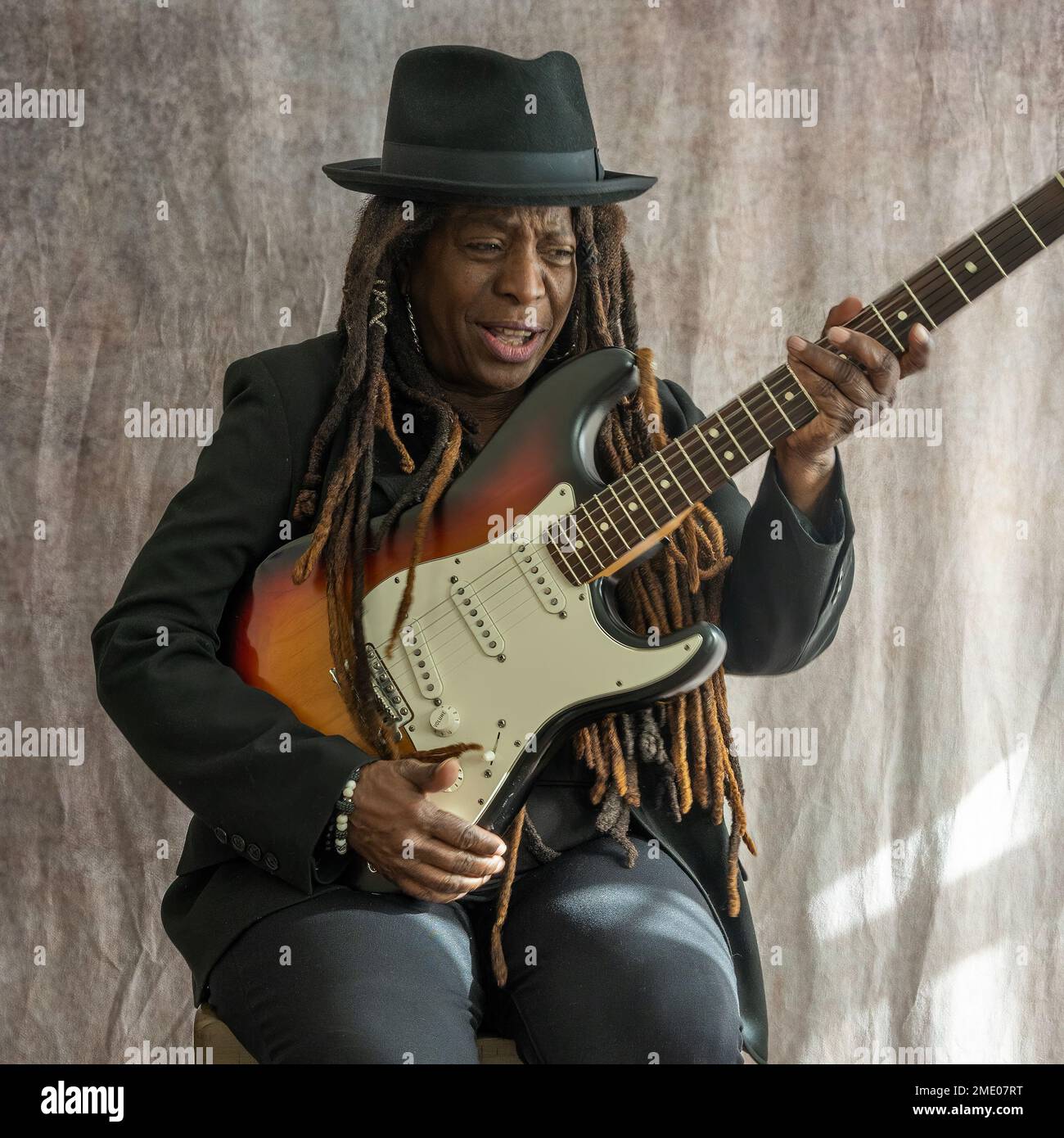 Senior African American Woman Playing Electric Guitar Stock Photo - Alamy