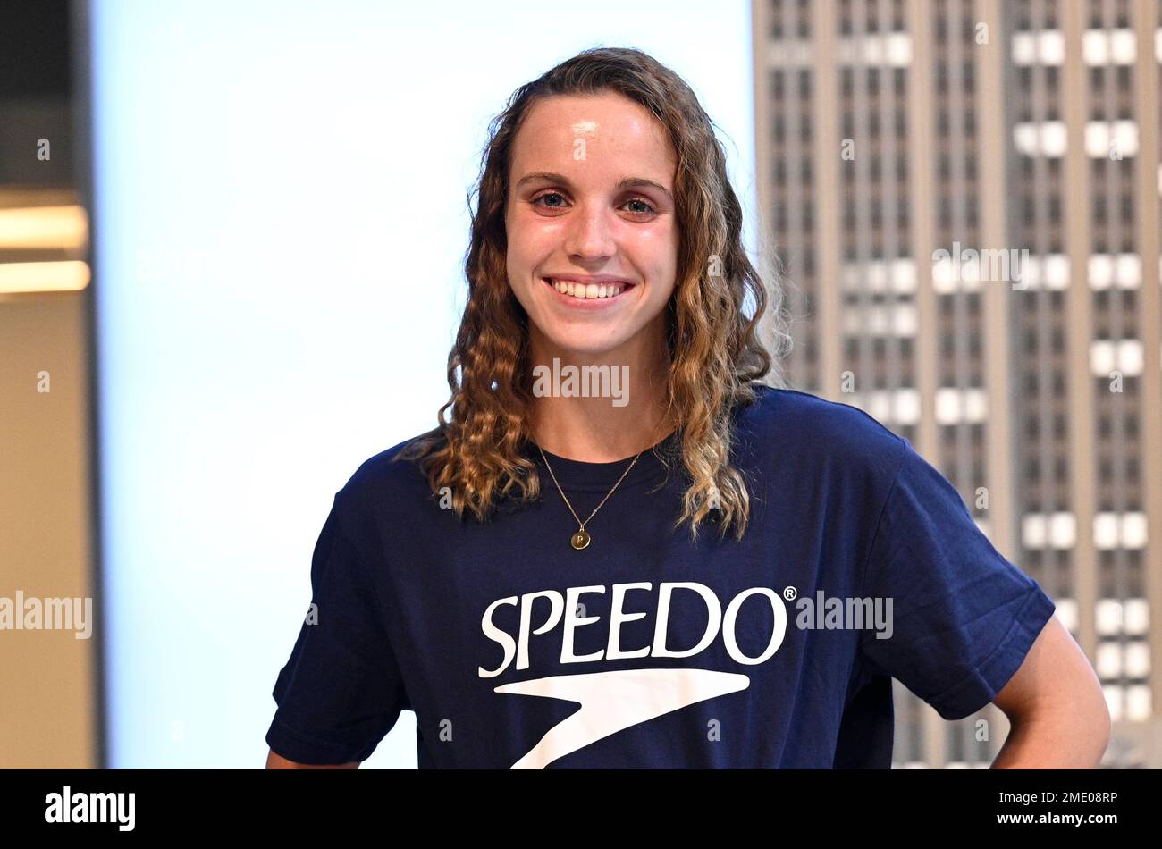 3-time U.S. swim team Olympic medalist Regan Smith poses for the media ...