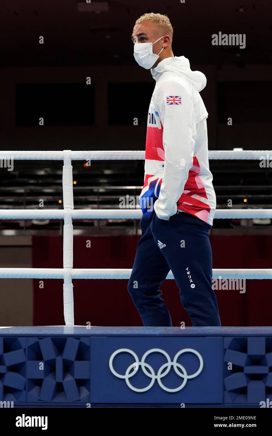 Silver medalist Britain's Benjamin Whittaker during the medal ceremony ...