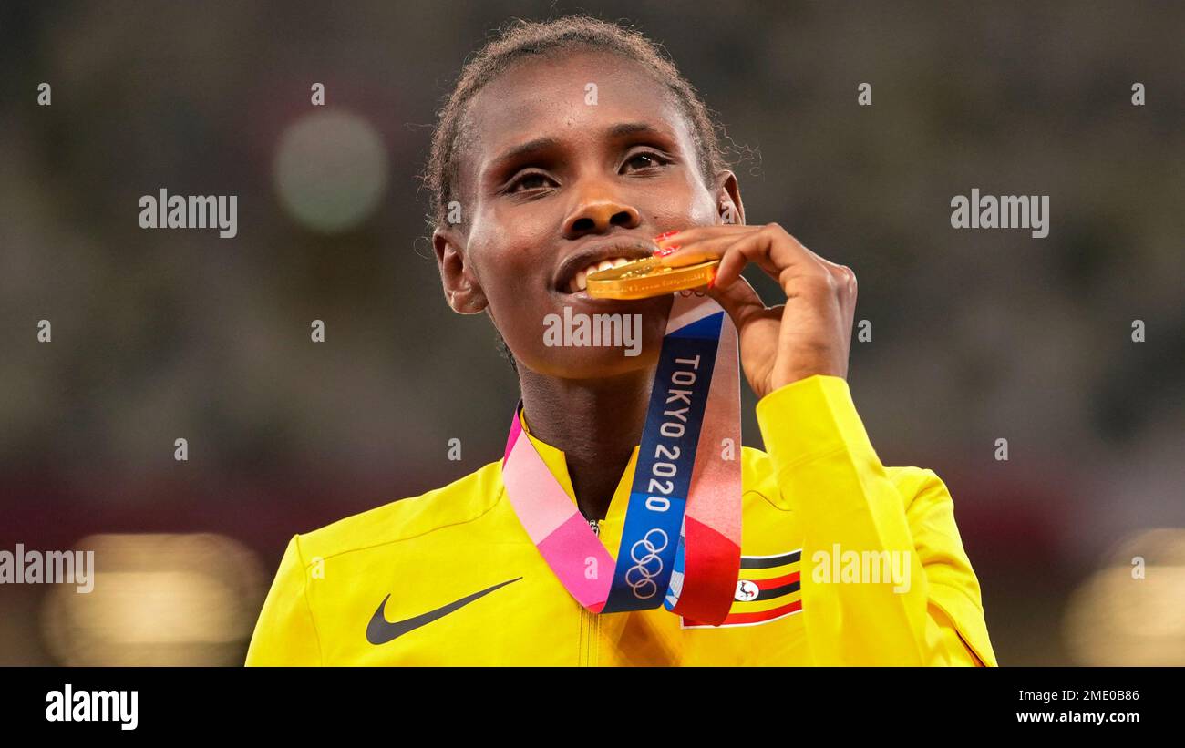 Gold medalist Peruth Chemutai, of Uganda, poses during the medal ...