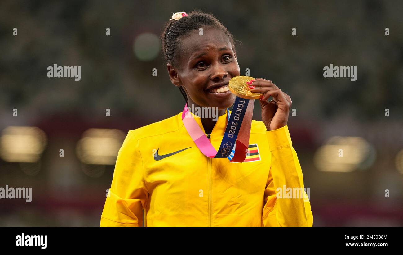 Gold medalist Peruth Chemutai, of Uganda, poses during the medal ...