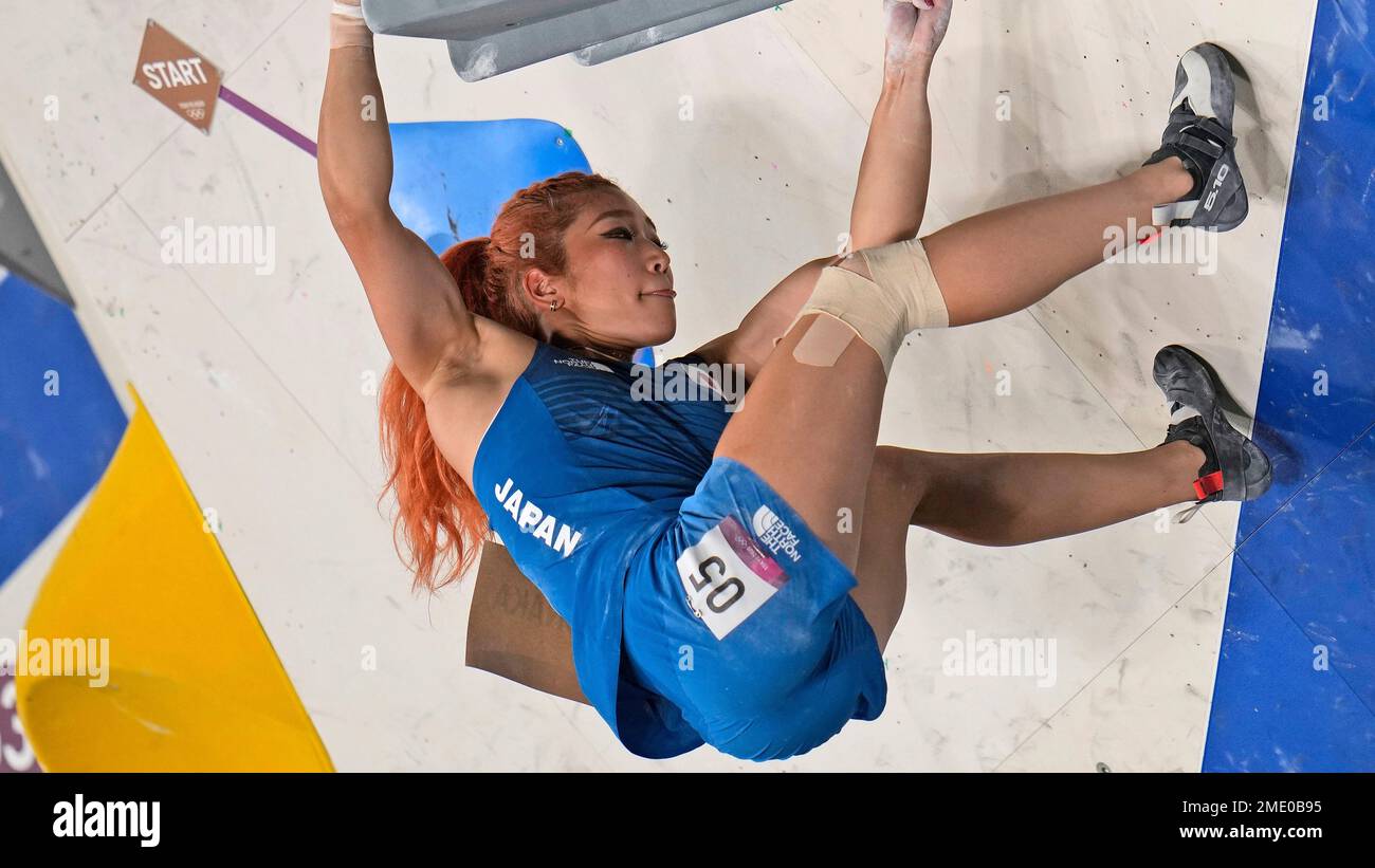 Miho Nonaka, of Japan, climbs during the bouldering qualification ...