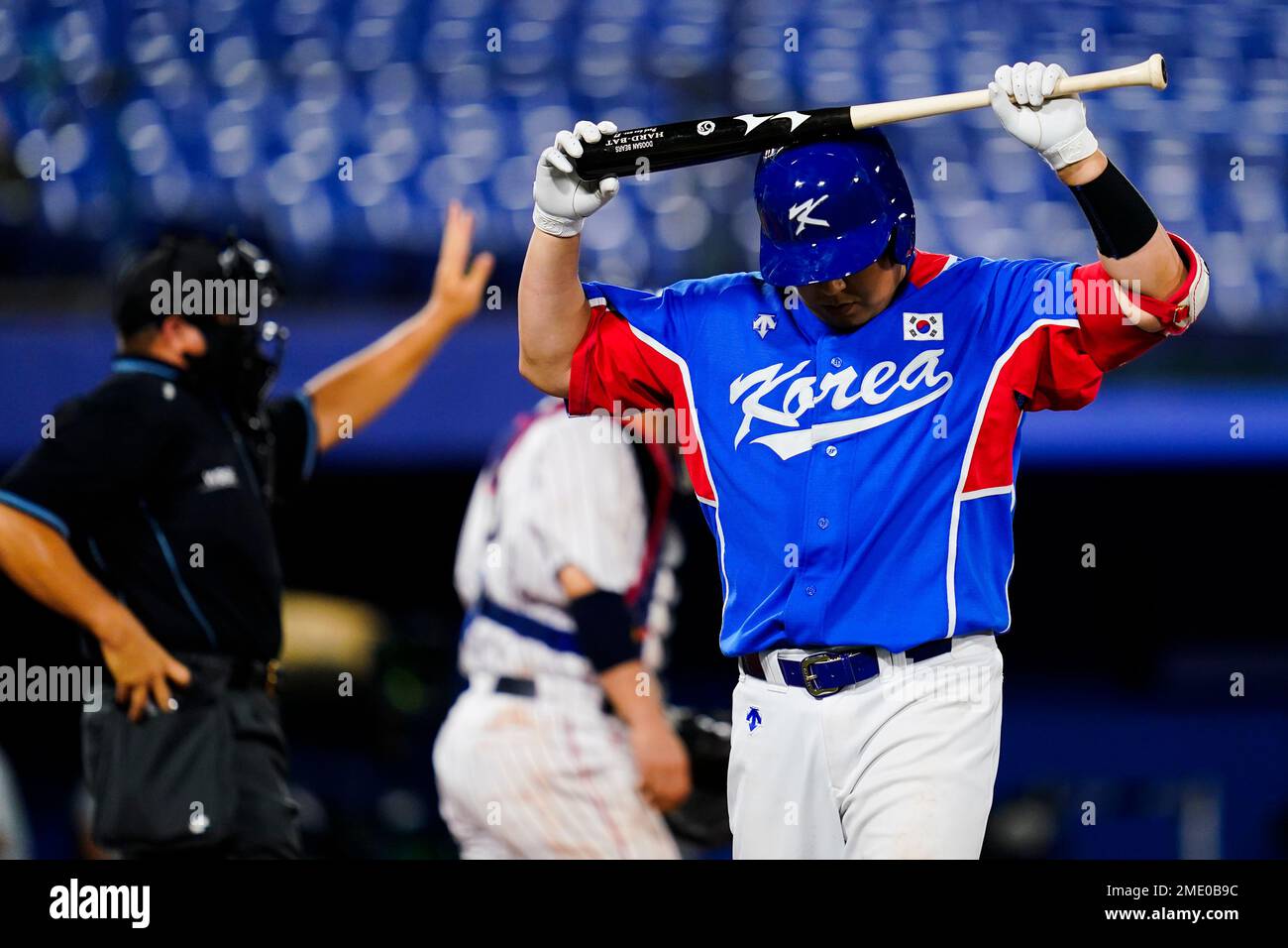 South Korea's Euiji Yang reacts after striking out during a semi-final ...