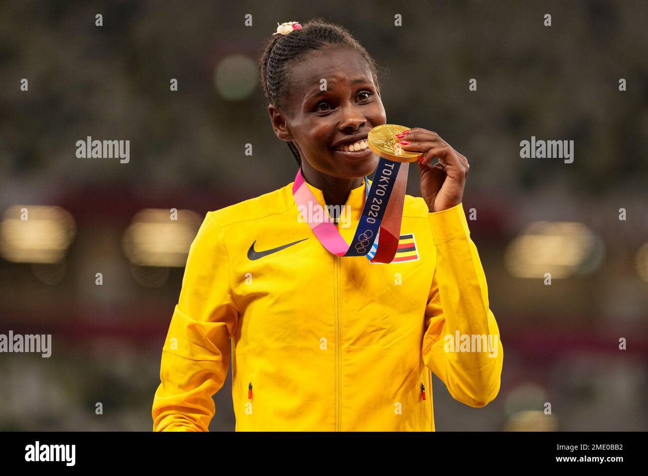 Gold medalist Peruth Chemutai, of Uganda, poses during the medal ...