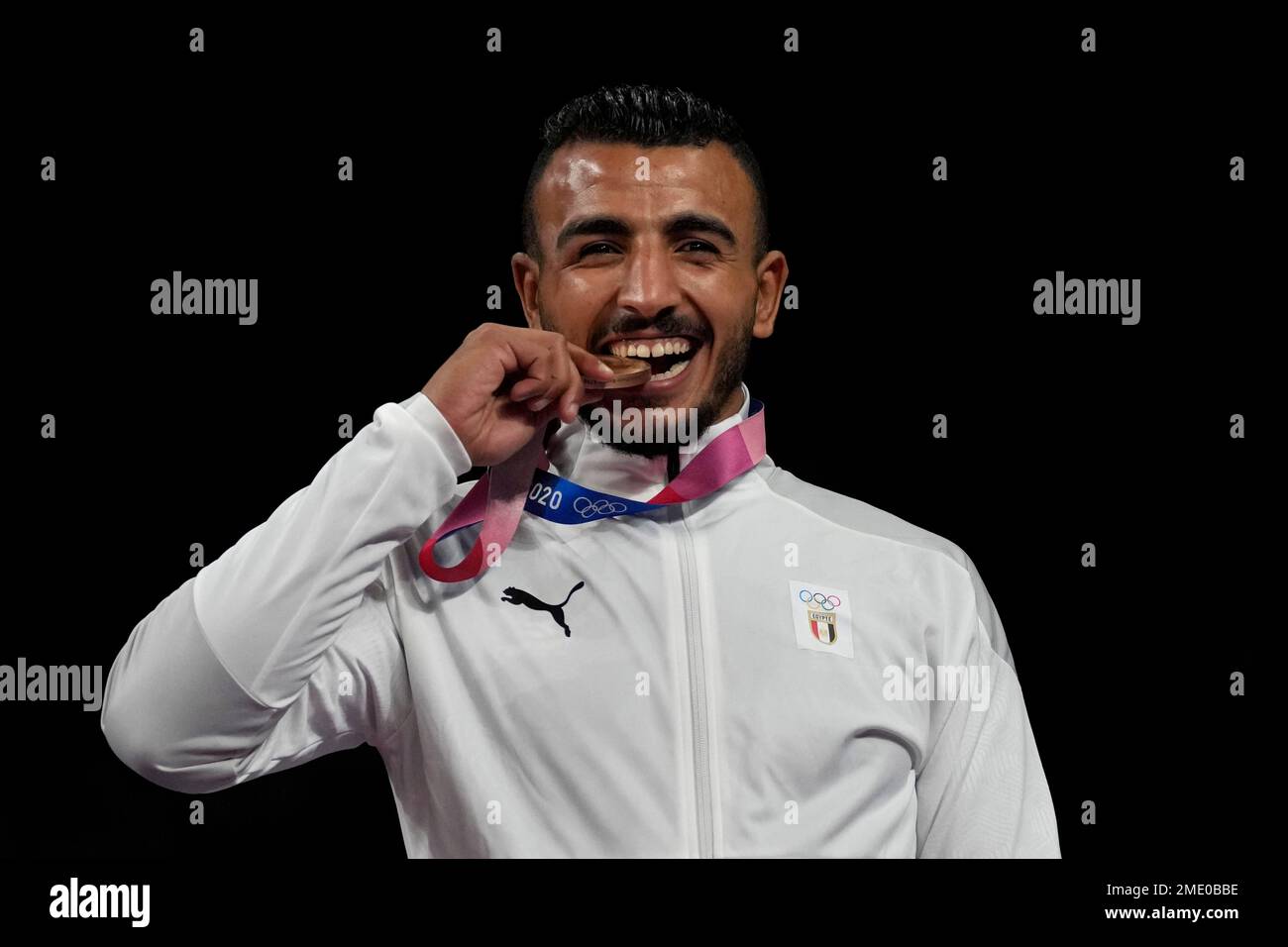 Bronze medalist, Mohamed Ibrahim Elsayed of Egypt celebrates on the ...
