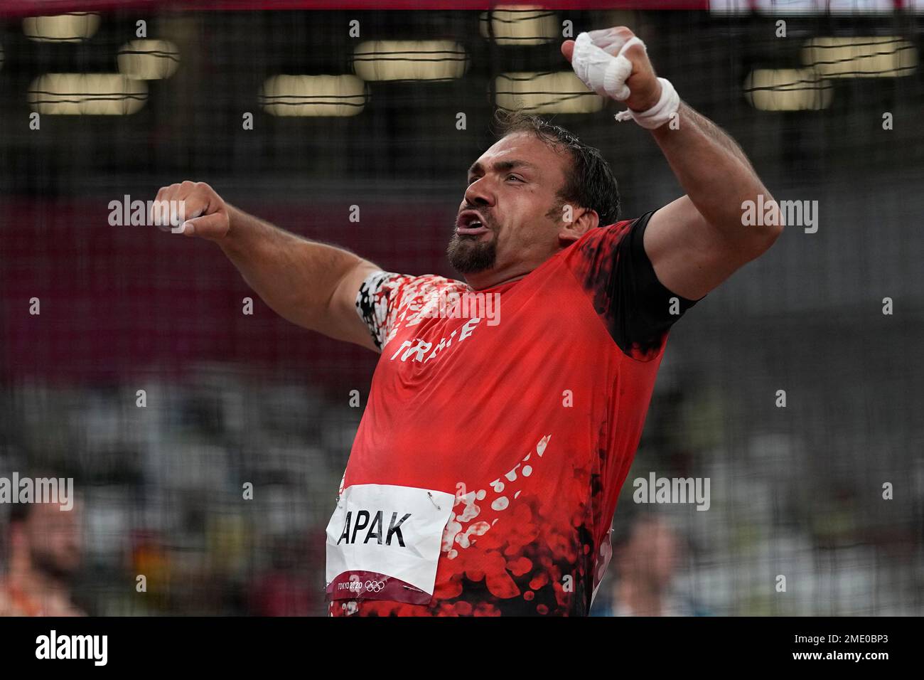 Esref Apak, of Turkey, competes in the final of the men's hammer throw ...