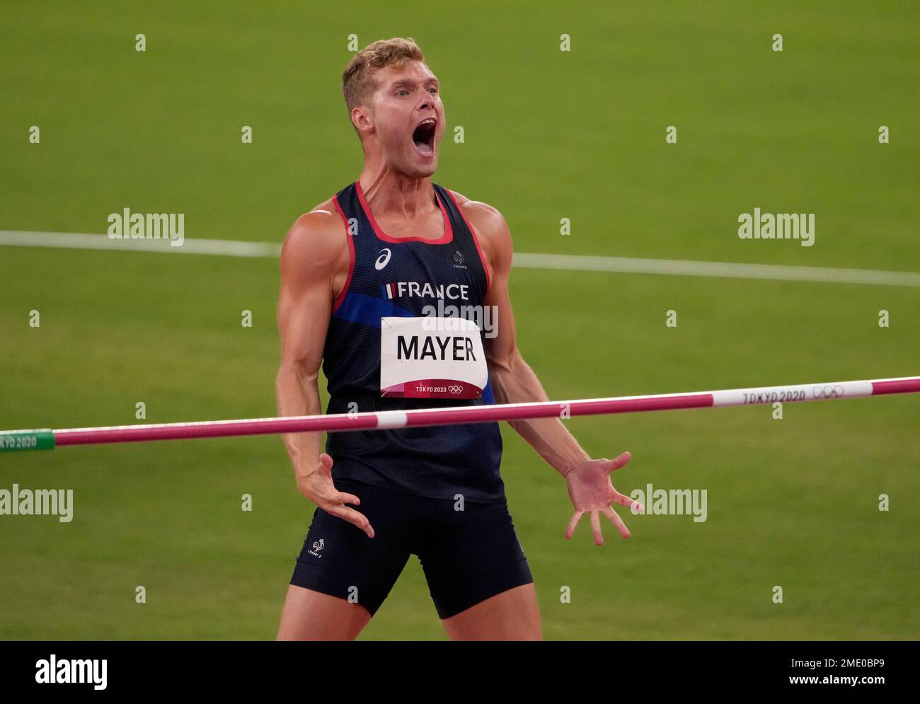 Kevin Mayer, of France celebrates making a clearance in the decathlon ...