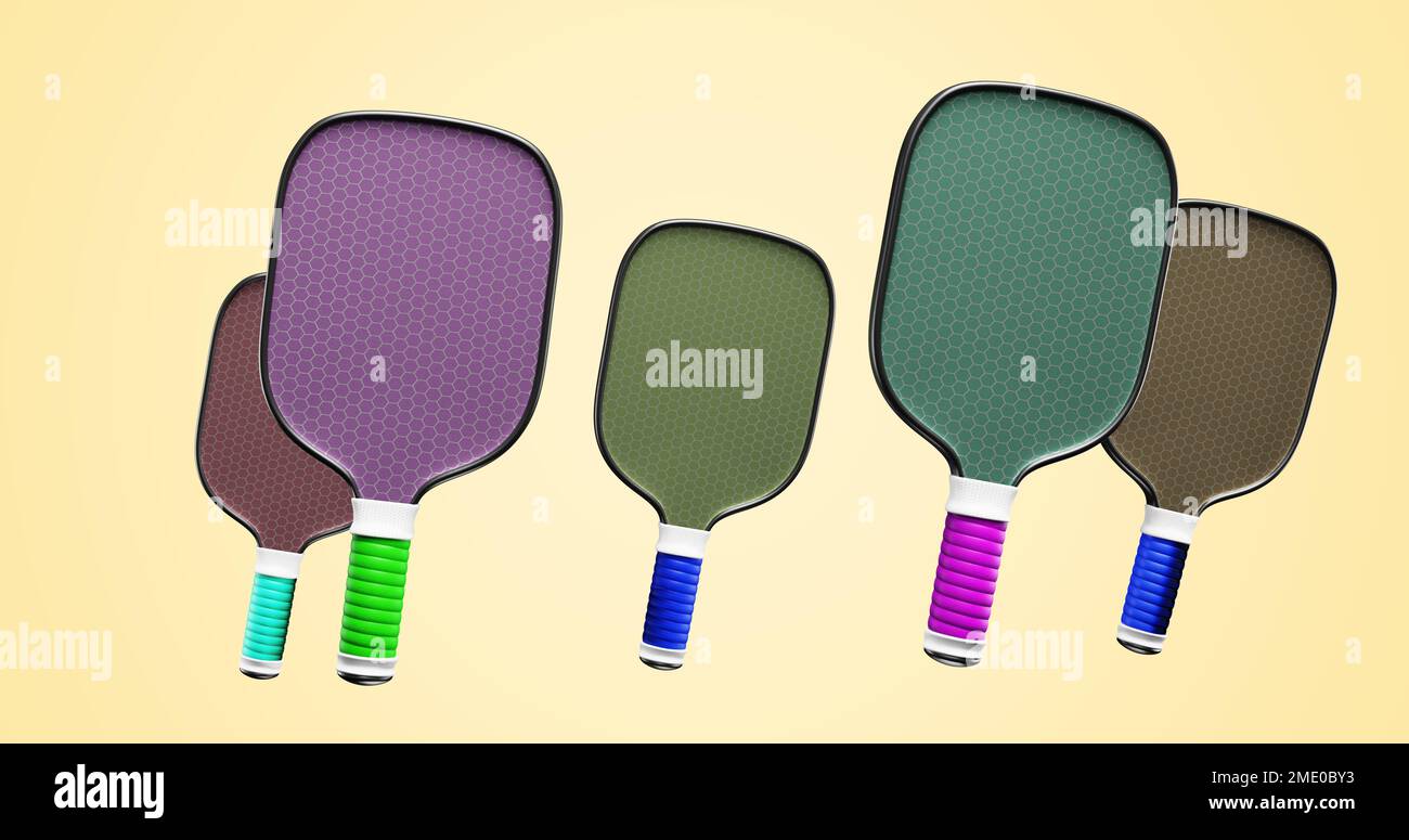 Pickleball many colorful rackets on a yellow background. 3D rendering ...