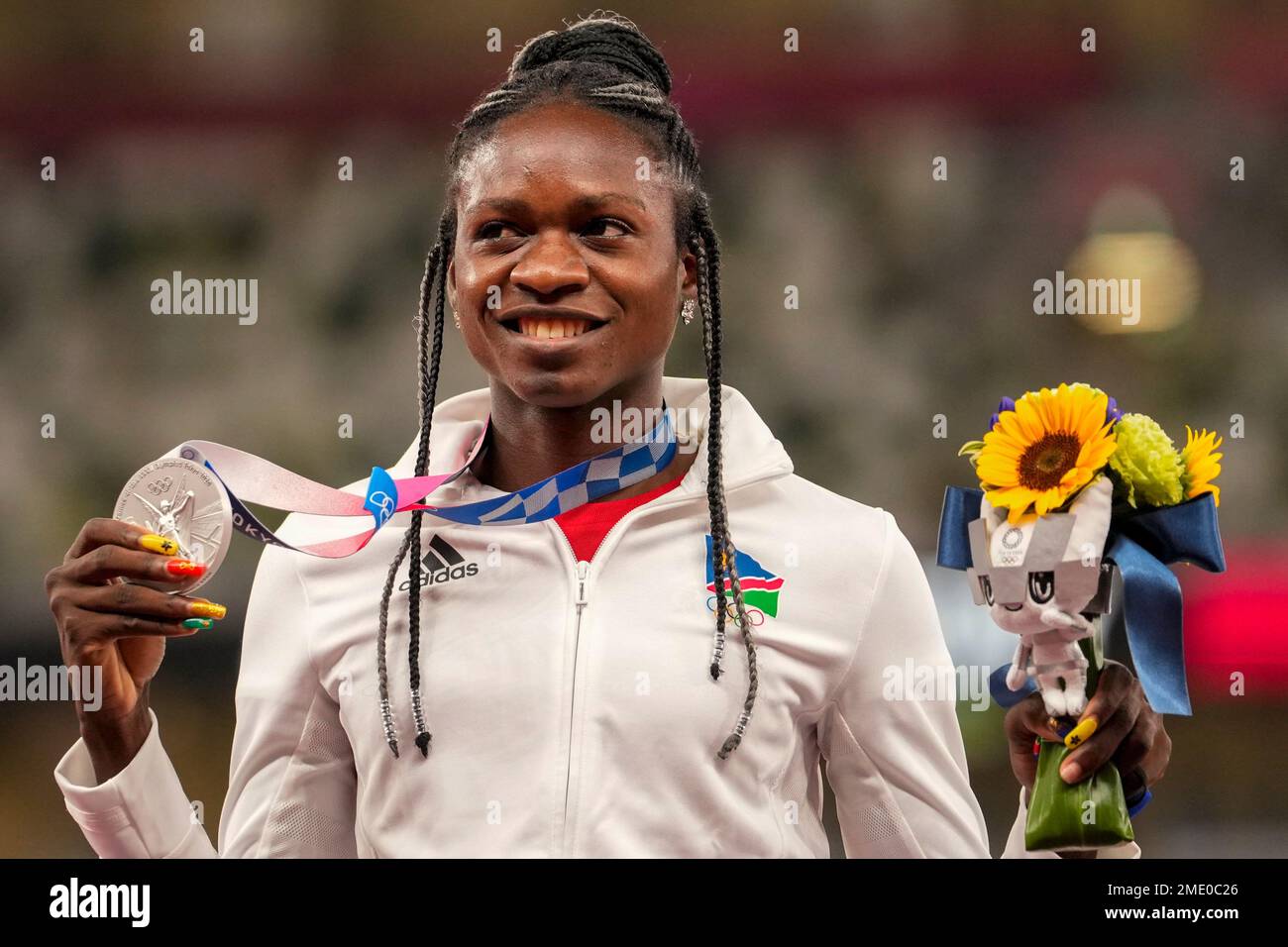 Silver medalist Christine Mboma, of Namibia, poses during the medal ...