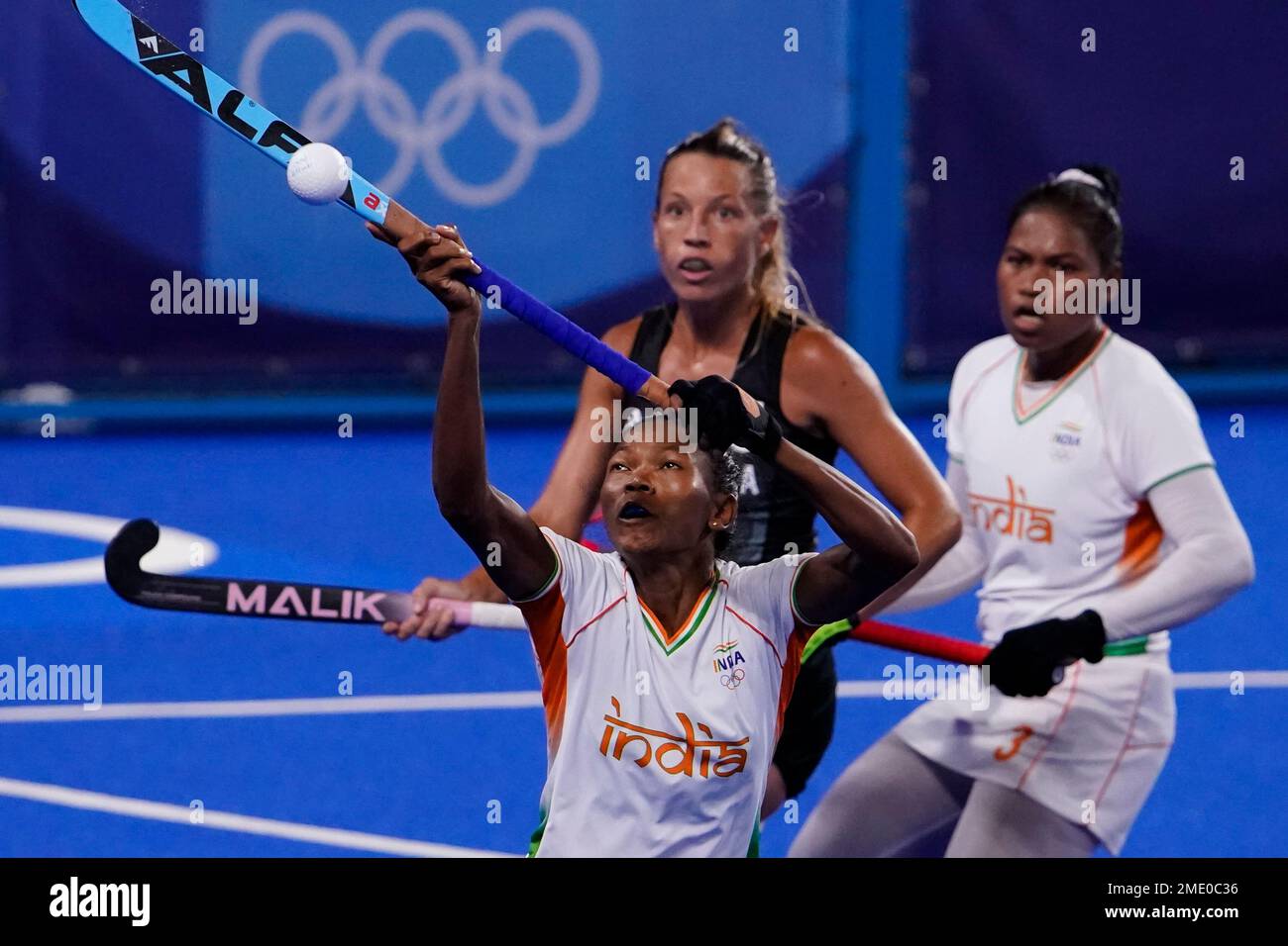 India's Salima Tete intercepts a high pass during a women's field ...