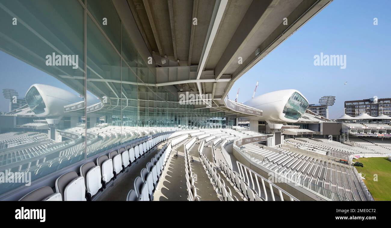 Seating and glazed bands to restaurant with reflection. Lord's Cricket ...