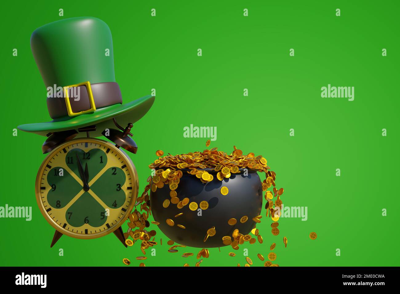 Patrick day. Alarm clock in a leprechaun hat cauldron iron pot full of ...