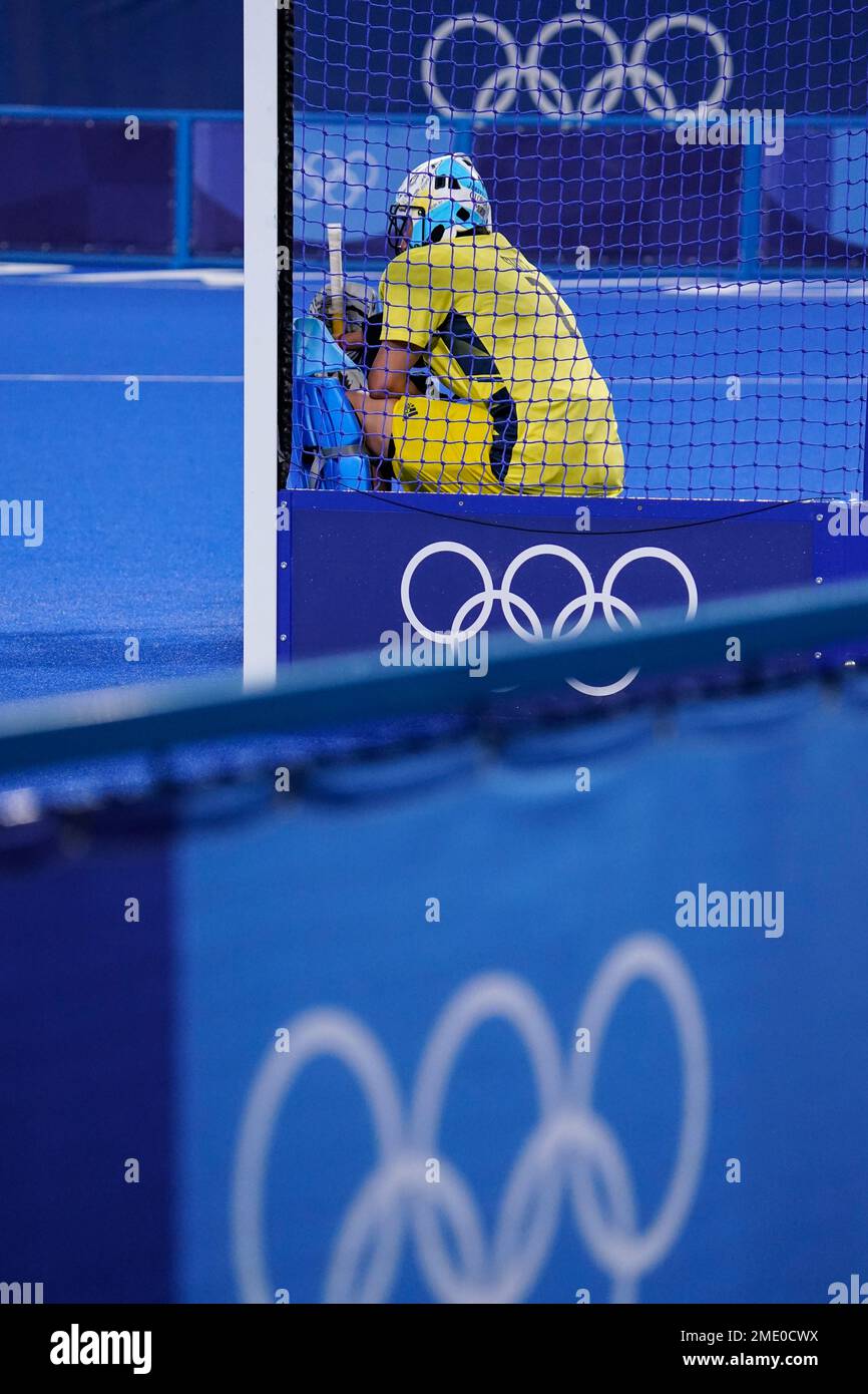 Argentina goalkeeper Maria Belen Succi kneels in her goal during ...