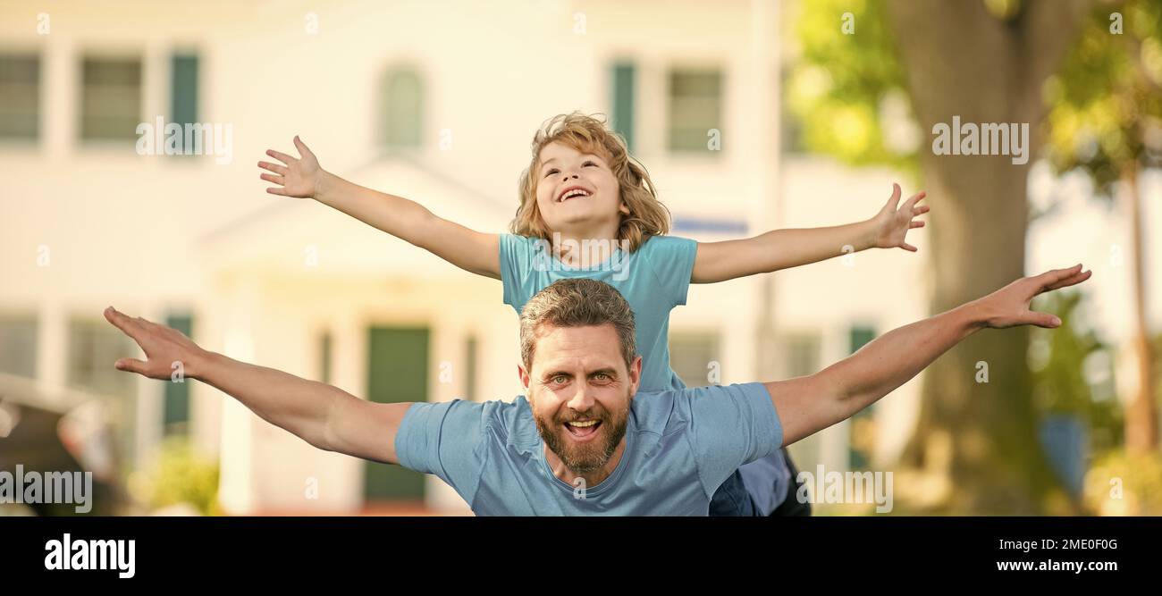 Banner of father and son in summer park outdoor. parent relax with ...