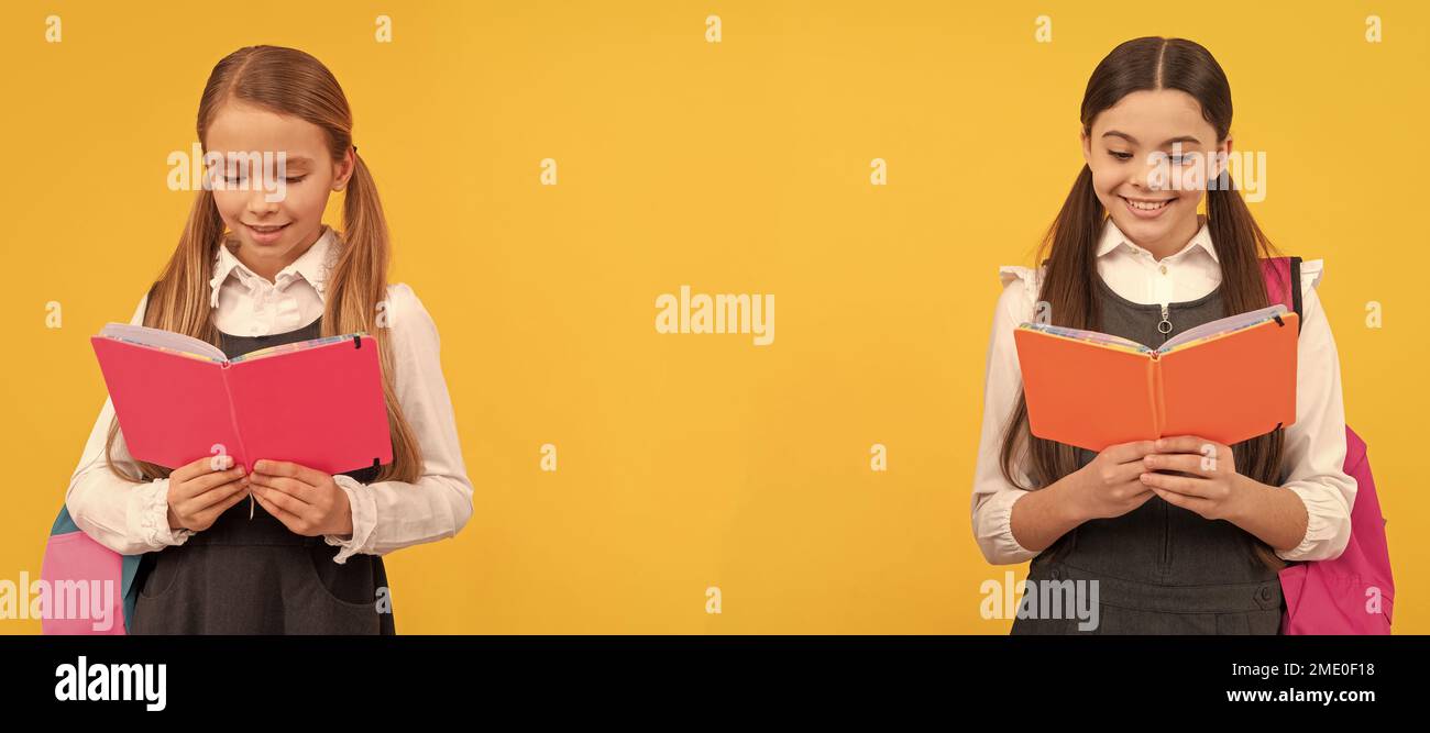 School girls friends. Little children in school uniforms read library ...