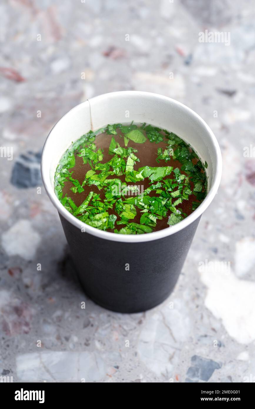 Broth, Chicken soup in a paper cup. Food delivery Stock Photo - Alamy