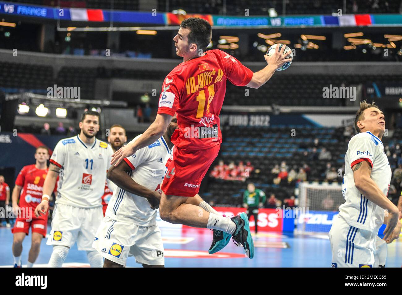 Milos Vujovic (Montenegro) against France. EHF Euro 2022. Main Round ...