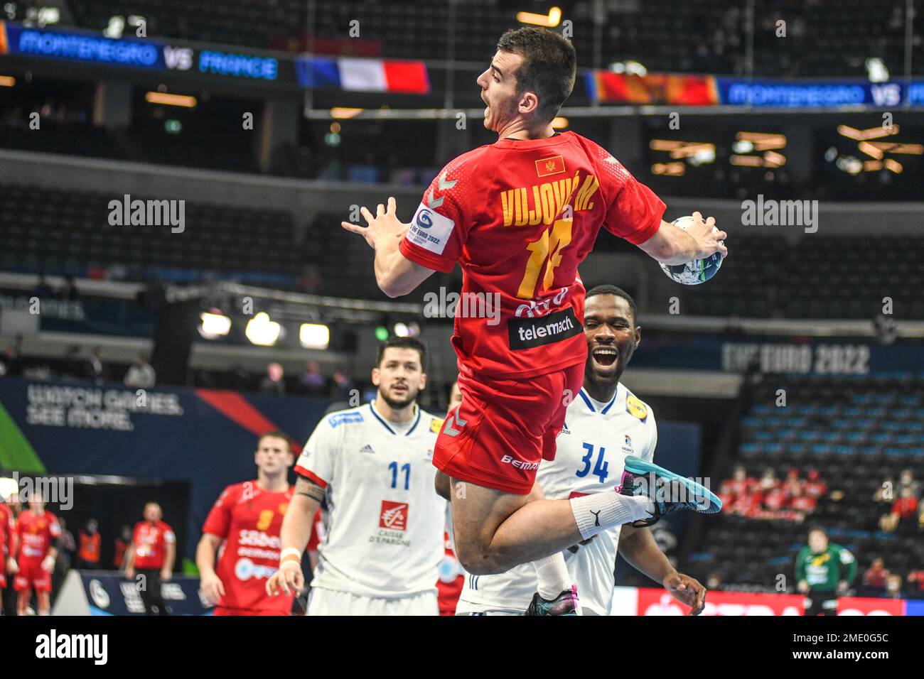 Milos Vujovic (Montenegro) against France. EHF Euro 2022. Main Round ...