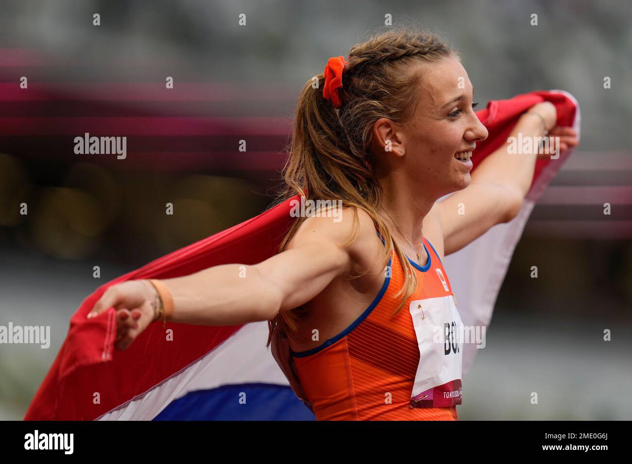 Bronze medalist Femke Bol, of the Netherlands, celebrates after the ...