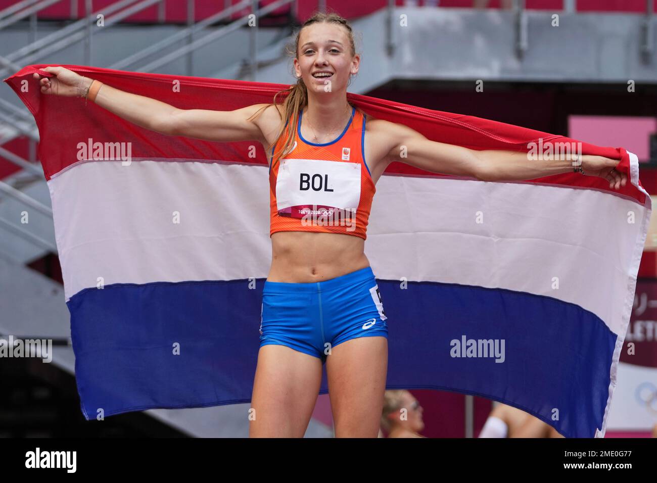 Femke Bol, of the Netherlands, celebrates after her third place finish ...