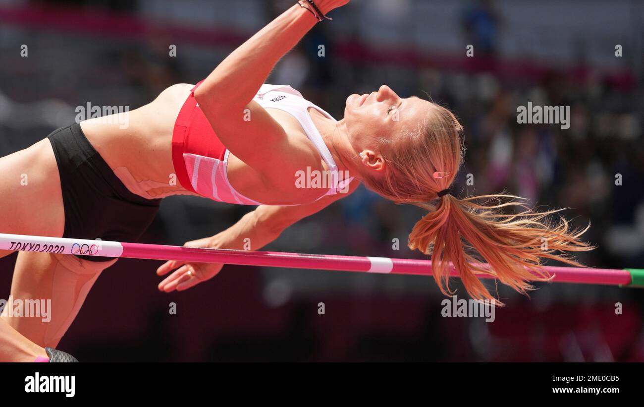 Verena Mayr, of Austria, competes in the high jump of the heptathlon at ...