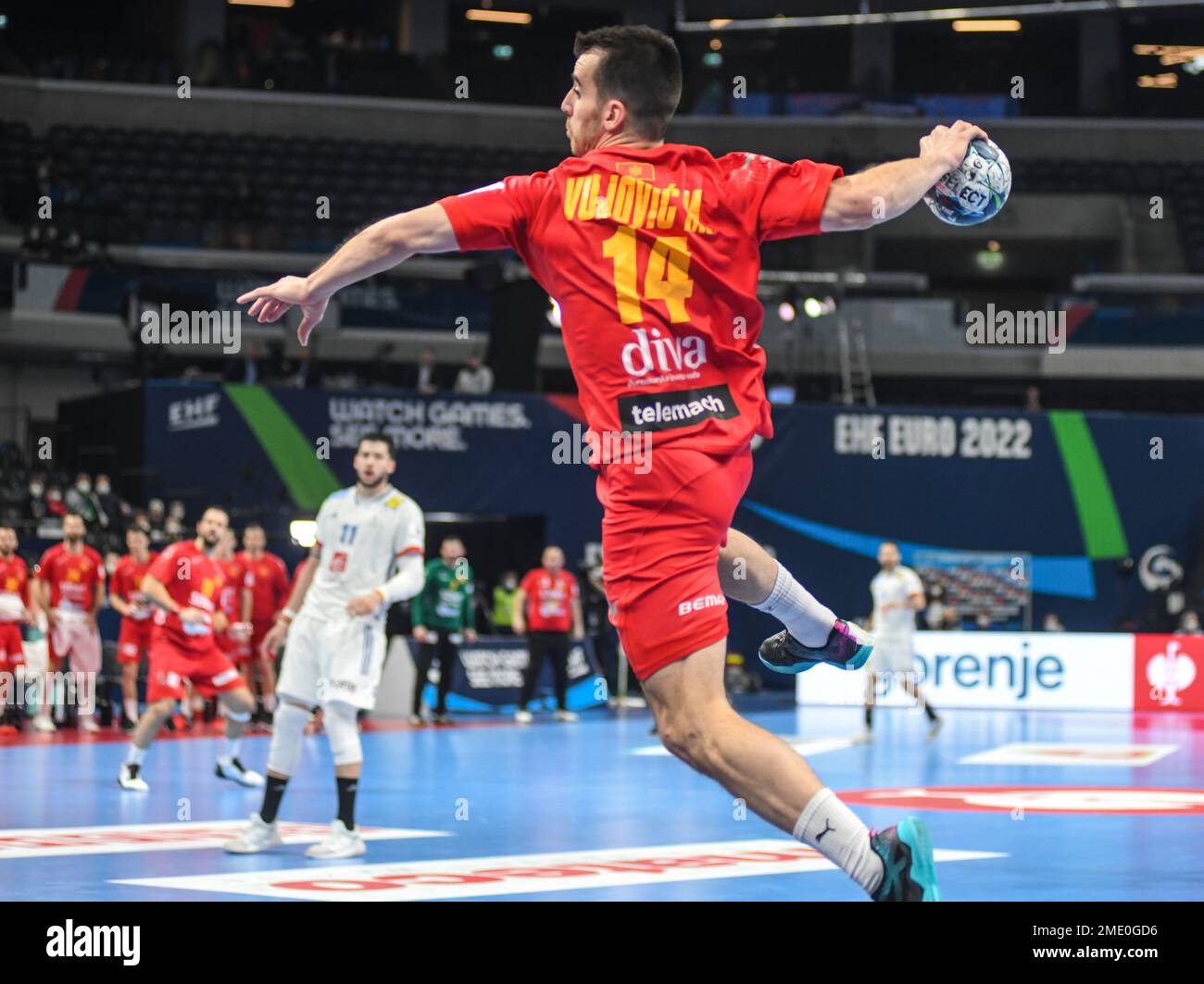 Milos Vujovic (Montenegro) against France. EHF Euro 2022. Main Round ...
