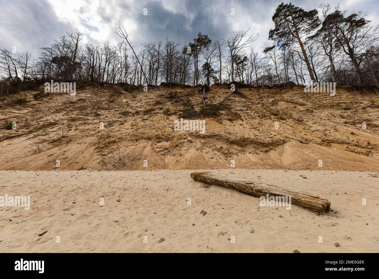 Looking up to high sandy and stony cliff next to the beach Stock Photo ...
