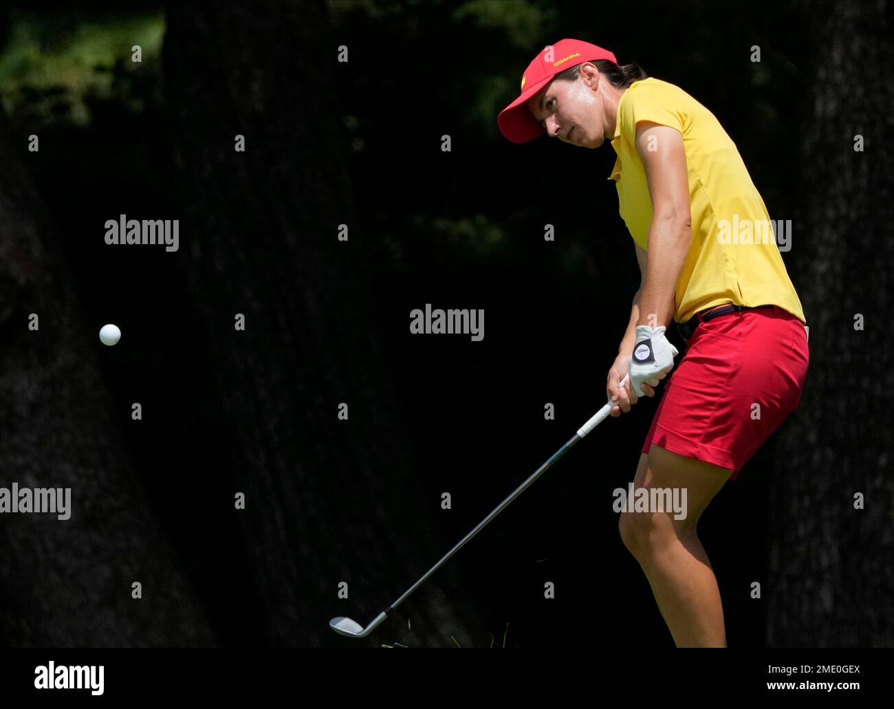 Carlota Ciganda, of Spain, chips onto the second green during the first ...