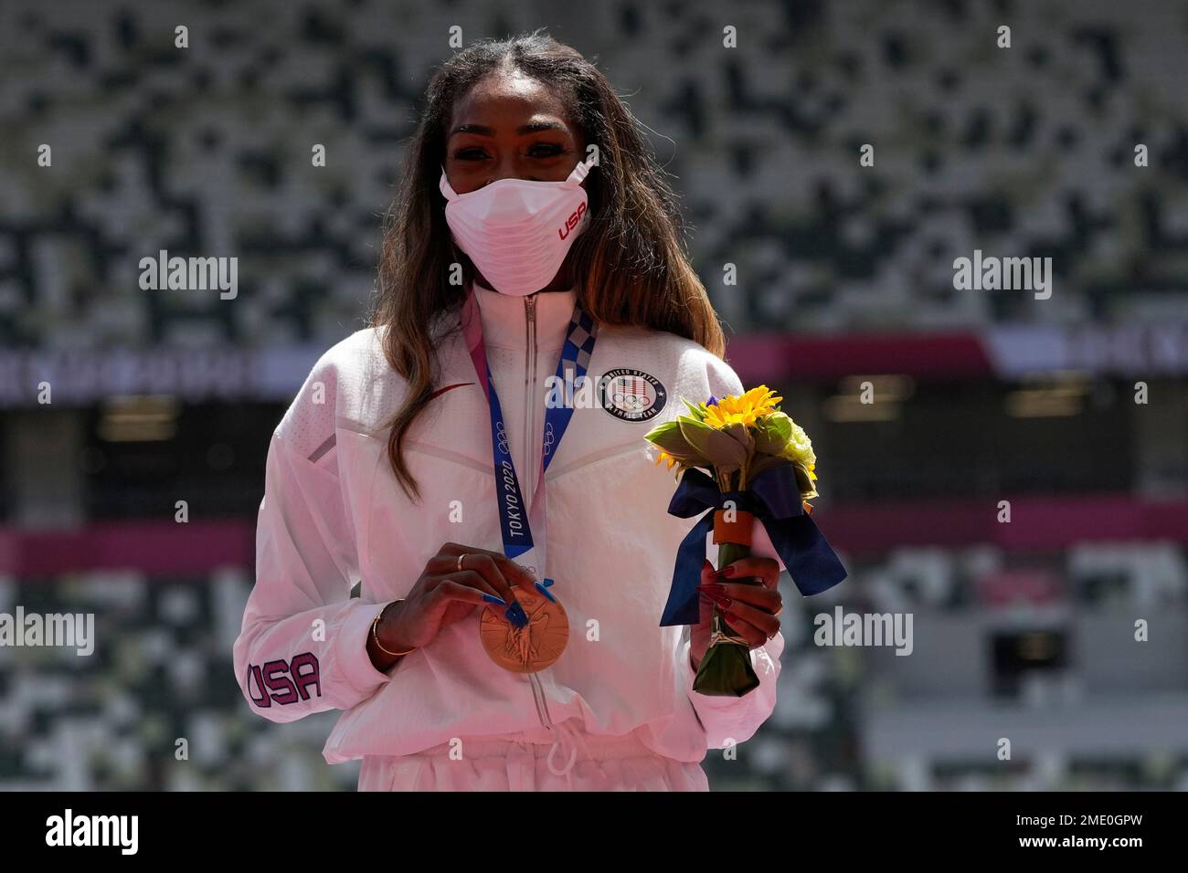 Bronze medalist Raevyn Rogers, of the United States, poses during the ...