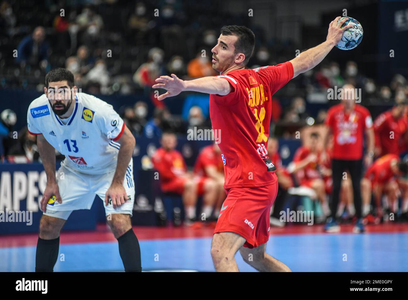 Milos Vujovic (Montenegro) against France. EHF Euro 2022. Main Round ...
