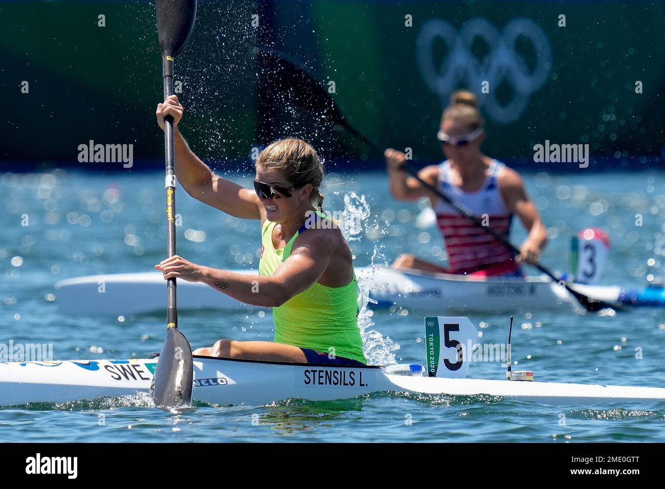 Linnea Stensils of Sweden competes in the women's kayak single 500m ...