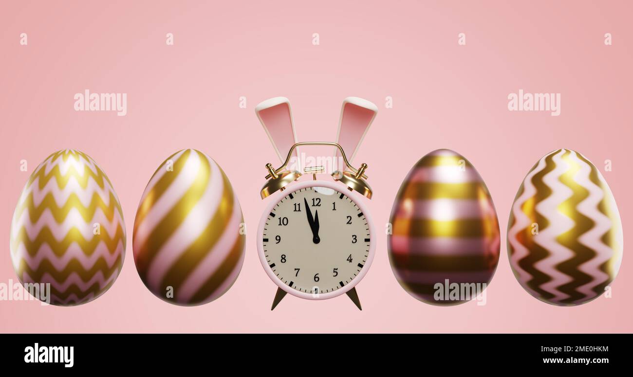 Easter. Alarm clock in rabbit ears and eggs on a pink background. 3d ...