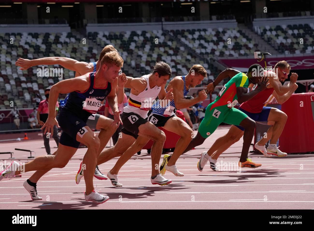 Runners start a heat in the men's decathlon 100-meter run at the 2020 ...