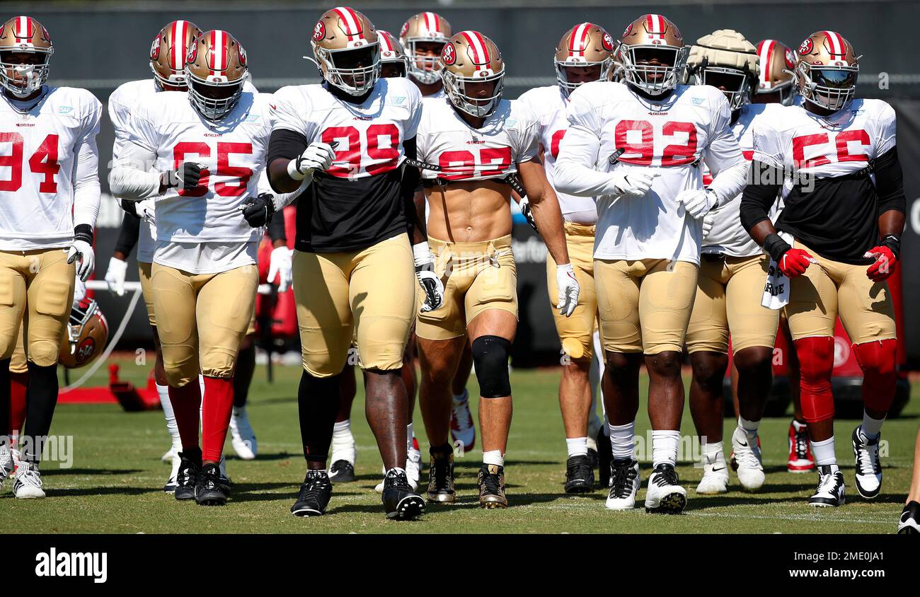 San Francisco 49ers Jordan Willis, left, Darrion Daniels, Javon Kinlaw ...