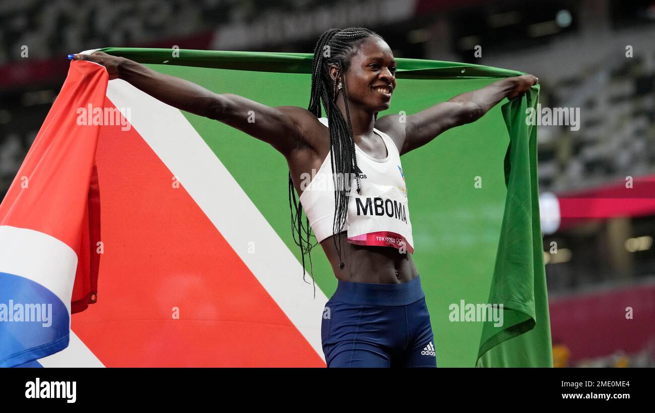 Christine Mboma, of Namibia, celebrates after her second place finish ...