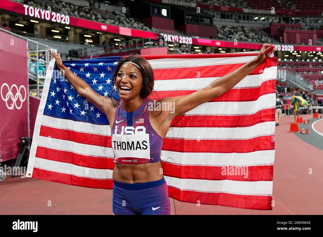 Bronze medalist Gabrielle Thomas, of the United States, poses after the ...