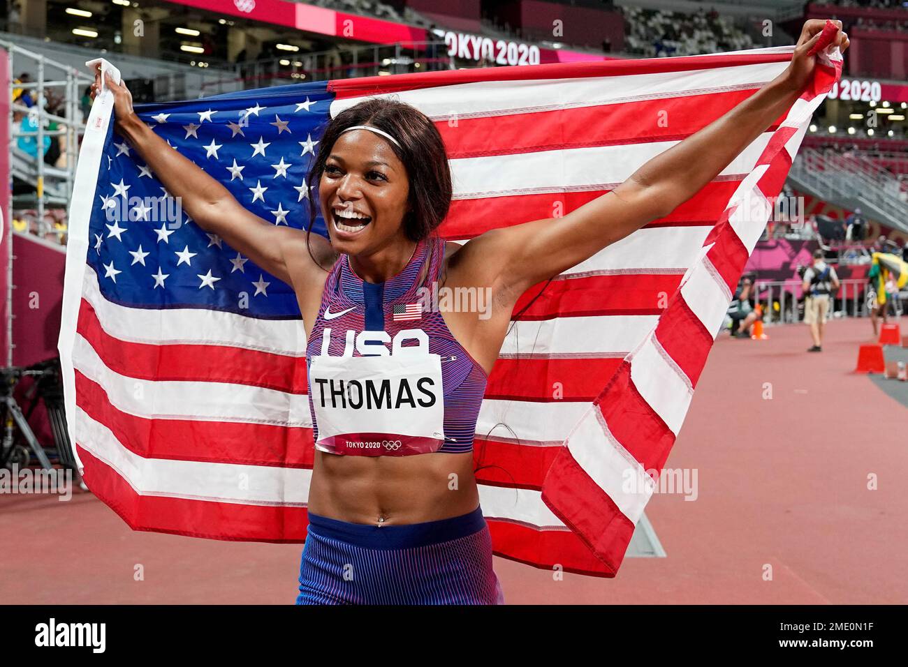 Bronze medalist Gabrielle Thomas, of the United States, poses after the ...