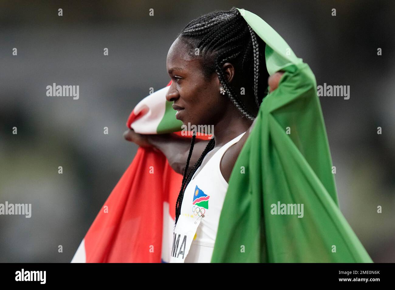Christine Mboma, of Namibia, celebrates after her second place finish ...